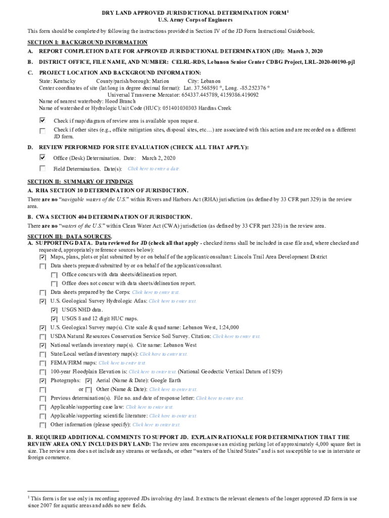 Fillable Online DRY LAND APPROVED JURISDICTIONAL DETERMINATION ... - U ...