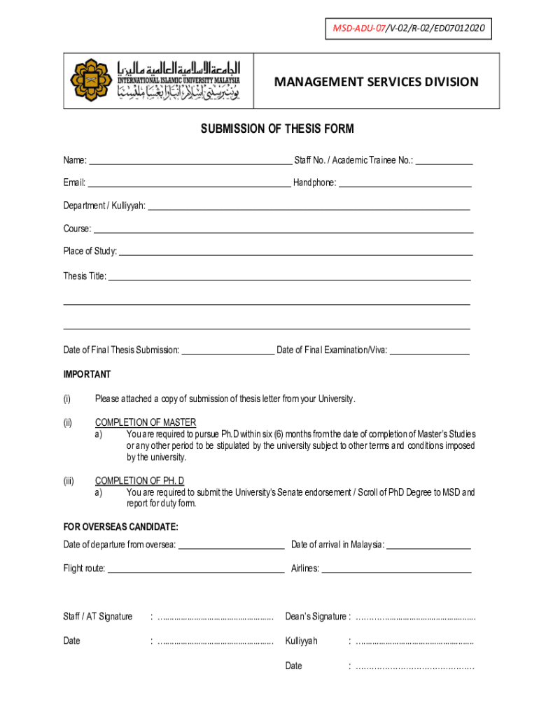 Fillable Online SUBMISSION OF THESIS FORM - iium.edu.my Fax Email Print - pdfFiller