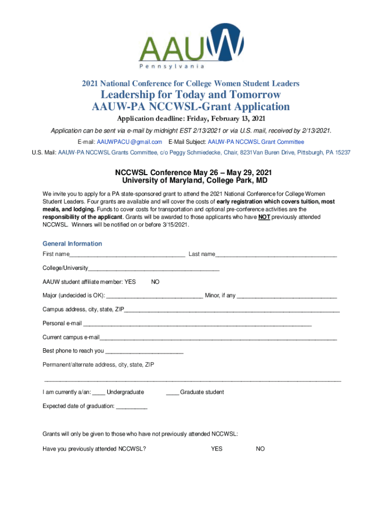 Fillable Online aauw-pa aauw 2021 VIRTUAL National Conference for College Women Student ... Fax ...