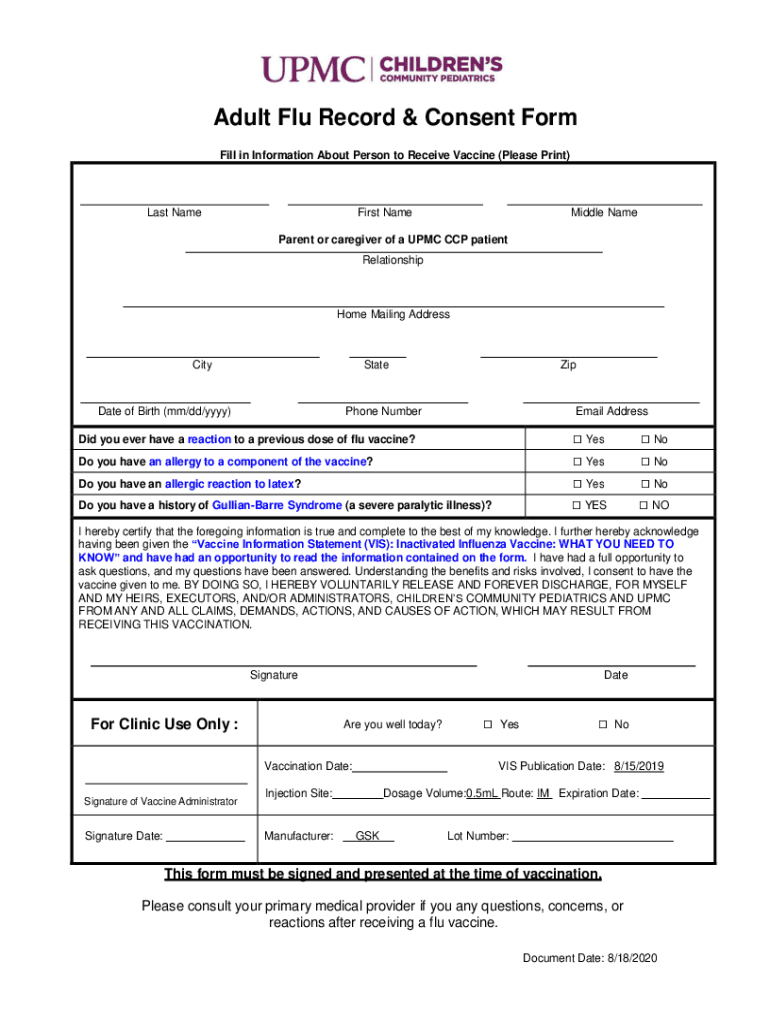 Fillable Online Adult Flu Record & Consent Form Fax Email Print - pdfFiller
