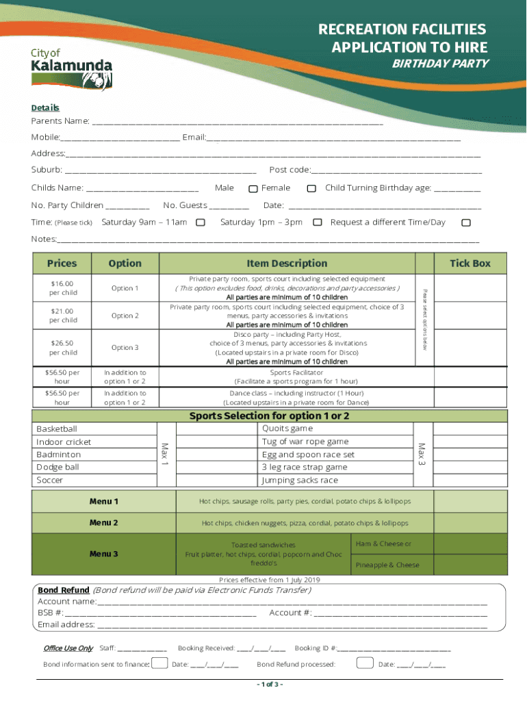 Fillable Online RECREATION FACILITIES APPLICATION TO HIRE Fax Email ...