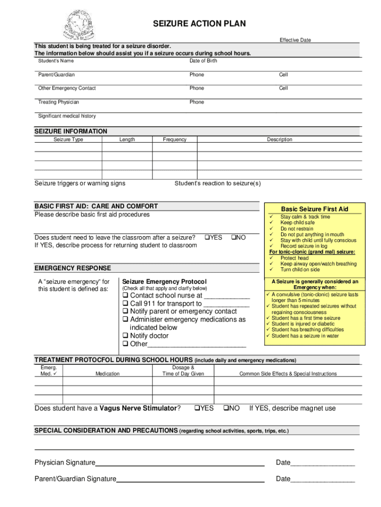 Fillable Online Seizure Action Plan Effective Date - East Brunswick ...