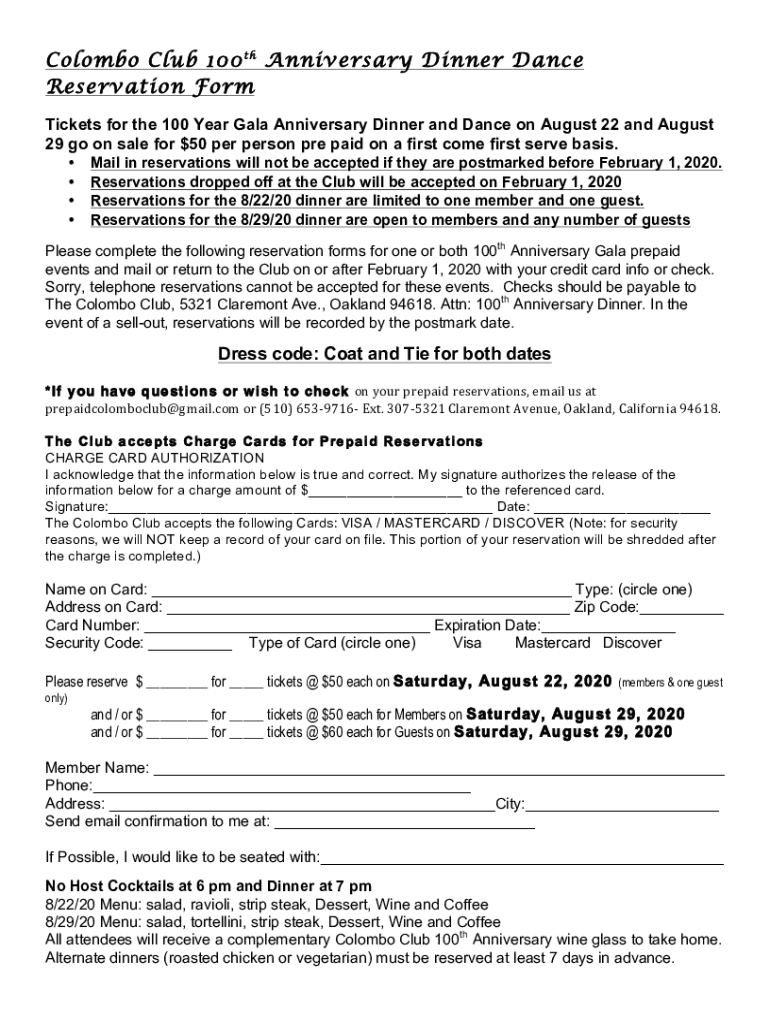 Fillable Online Colombo Club 100th Anniversary Dinner Dance Reservation ...