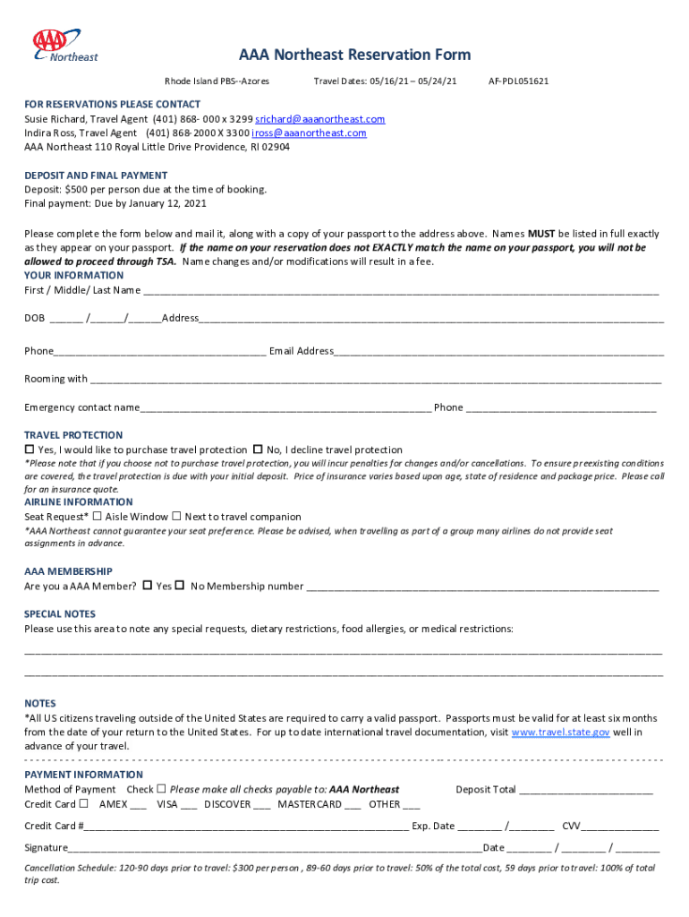 Fillable Online AAA Northeast Reservation Form Fax Email Print - pdfFiller