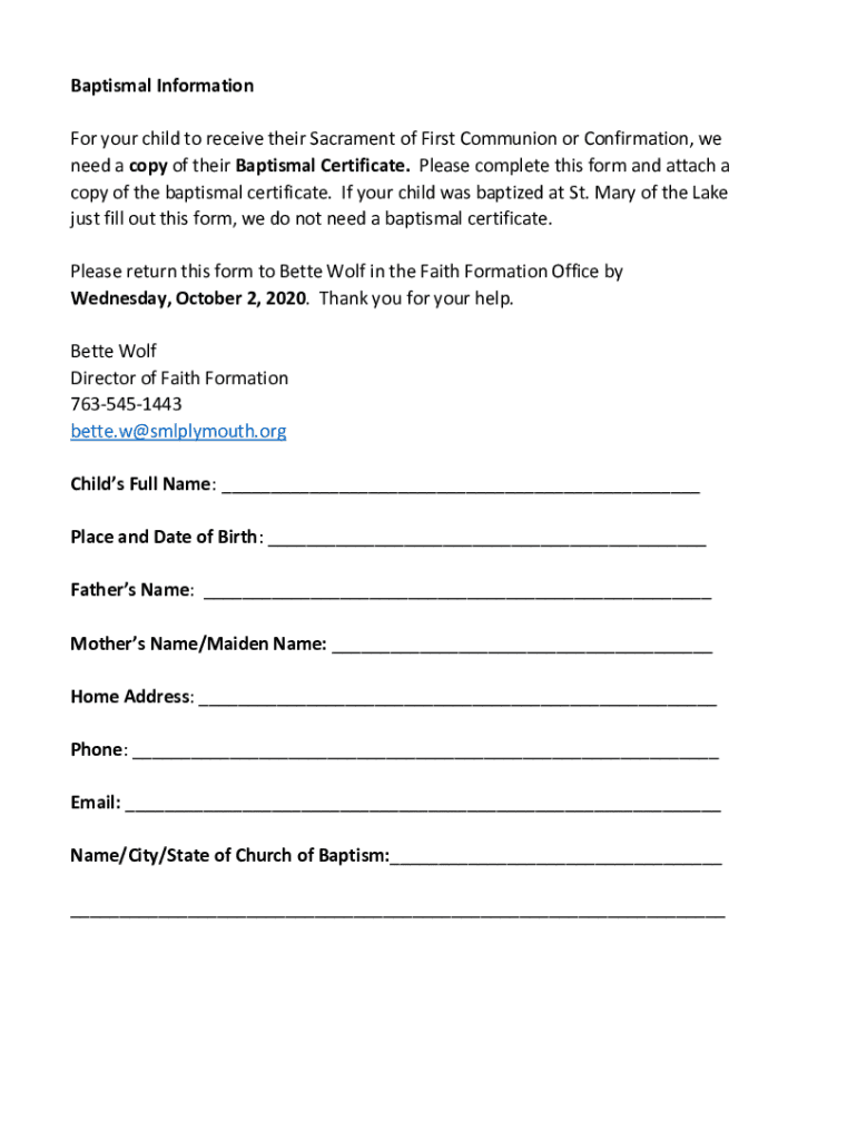 Fillable Online Confirmation & First Holy Communion - St. Benedict ...