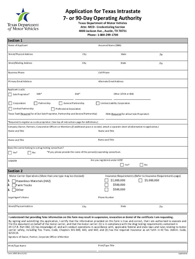 Fillable Online Texas Intrastate 7 or 90 Day Operating Authority ...