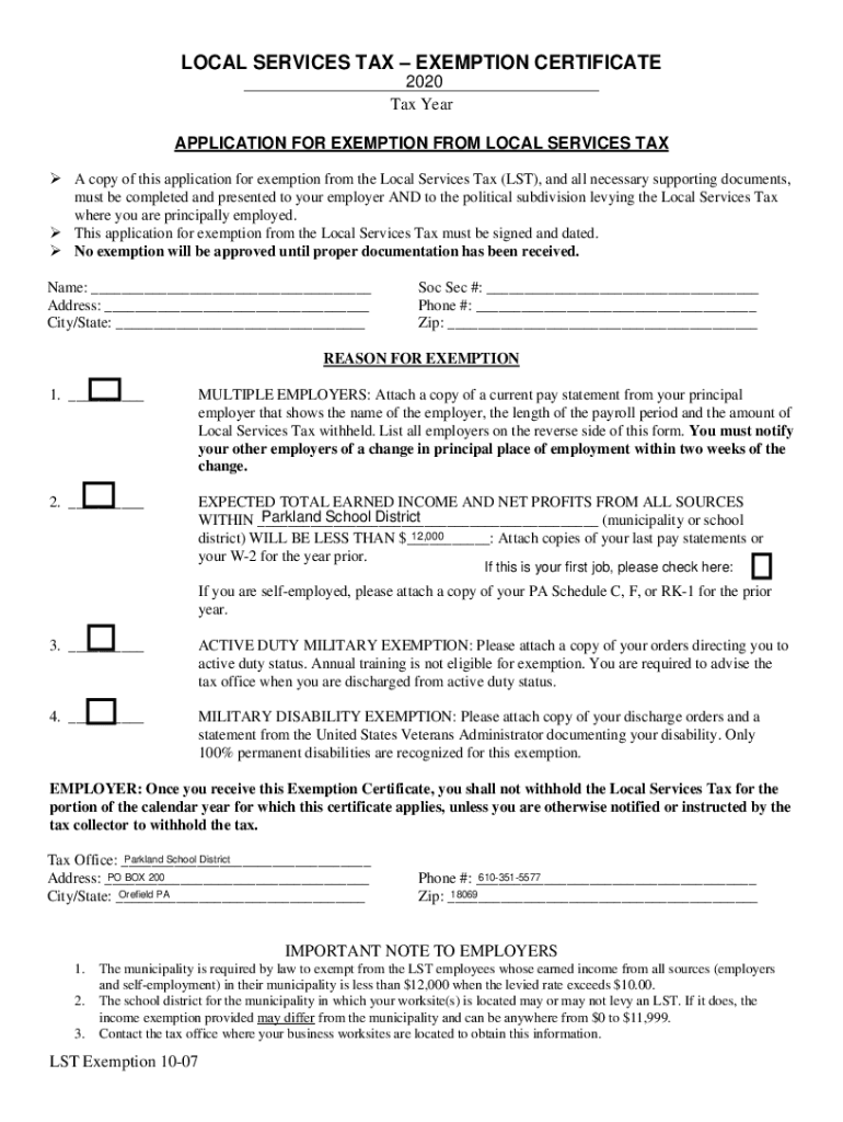 Fillable Online LOCAL SERVICES TAX EXEMPTION CERTIFICATE 2020 Tax Year ...