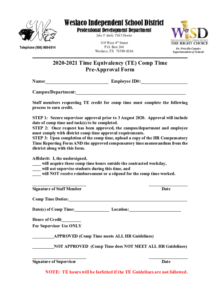Fillable Online 2020-2021 Time Equivalency Comp Time Pre-Approval Form Fax Email Print - pdfFiller