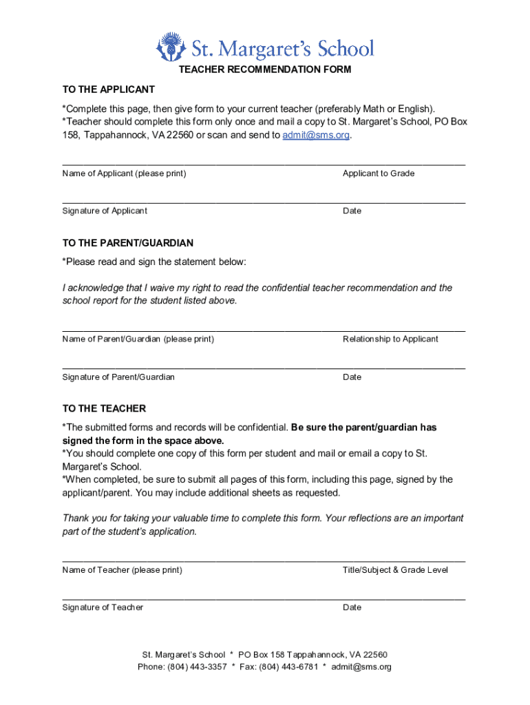 Fillable Online TEACHER RECOMMENDATION FORM - St. Margaret's School Fax ...