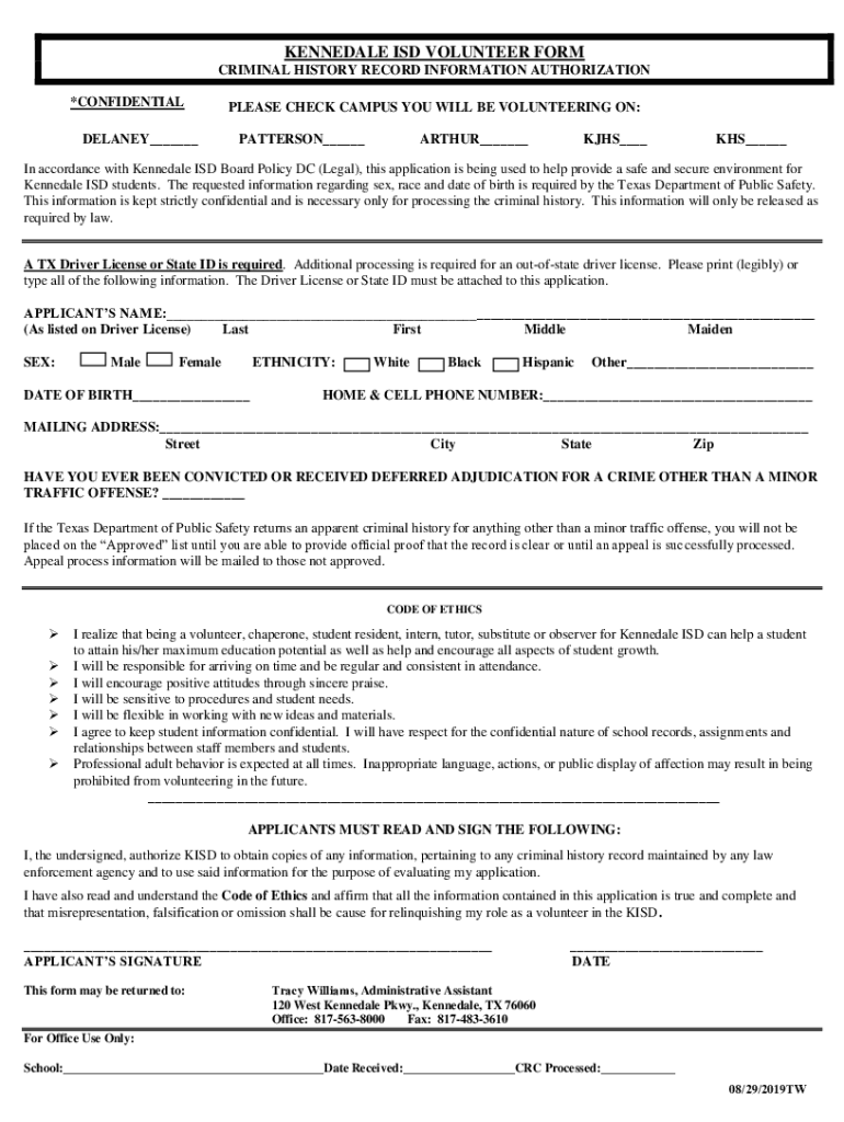 Fillable Online Volunteering in KISD / Become a Volunteer! - Kennedale ...