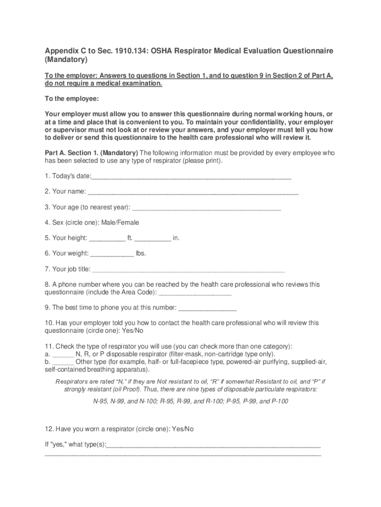 Fillable Online OSHA Respirator Medical Evaluation Questionnaire ...