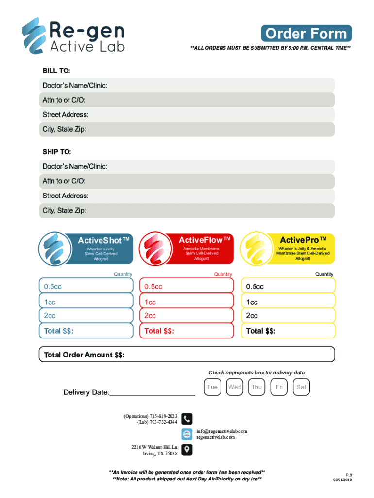 Fillable Online Re-gen Active Lab Order Form Fax Email Print - pdfFiller