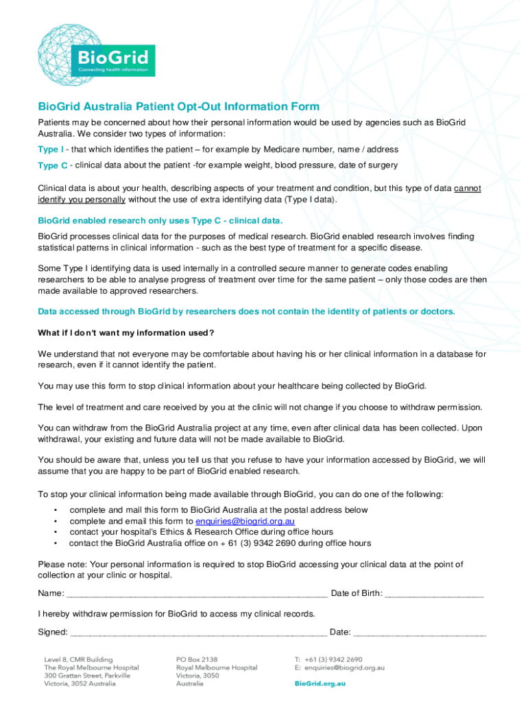 Fillable Online BioGrid Australia Patient Opt-Out Information Form Fax ...