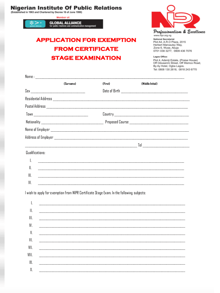 Fillable Online APPLICATION FOR EXEMPTION FROM CERTIFICATE STAGE ...