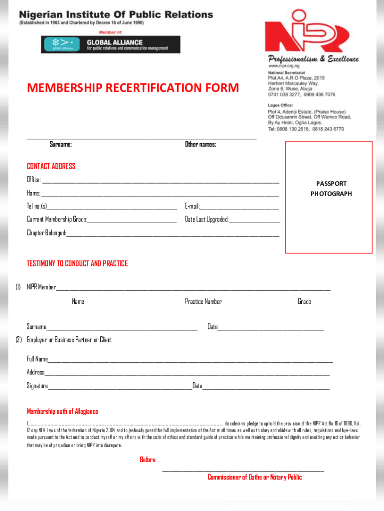Fillable Online MEMBERSHIP RECERTIFICATION FORM - nipr.org.ng Fax Email ...