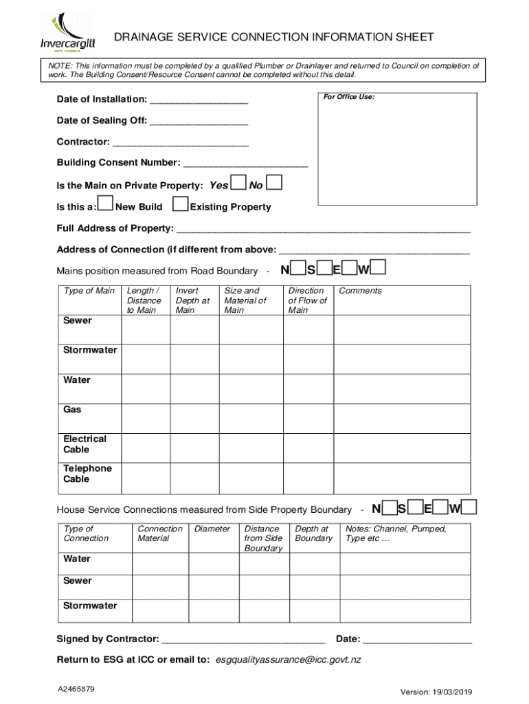 Fillable Online icc govt DRAINAGE SERVICE CONNECTION INFORMATION SHEET Fax Email Print - pdfFiller