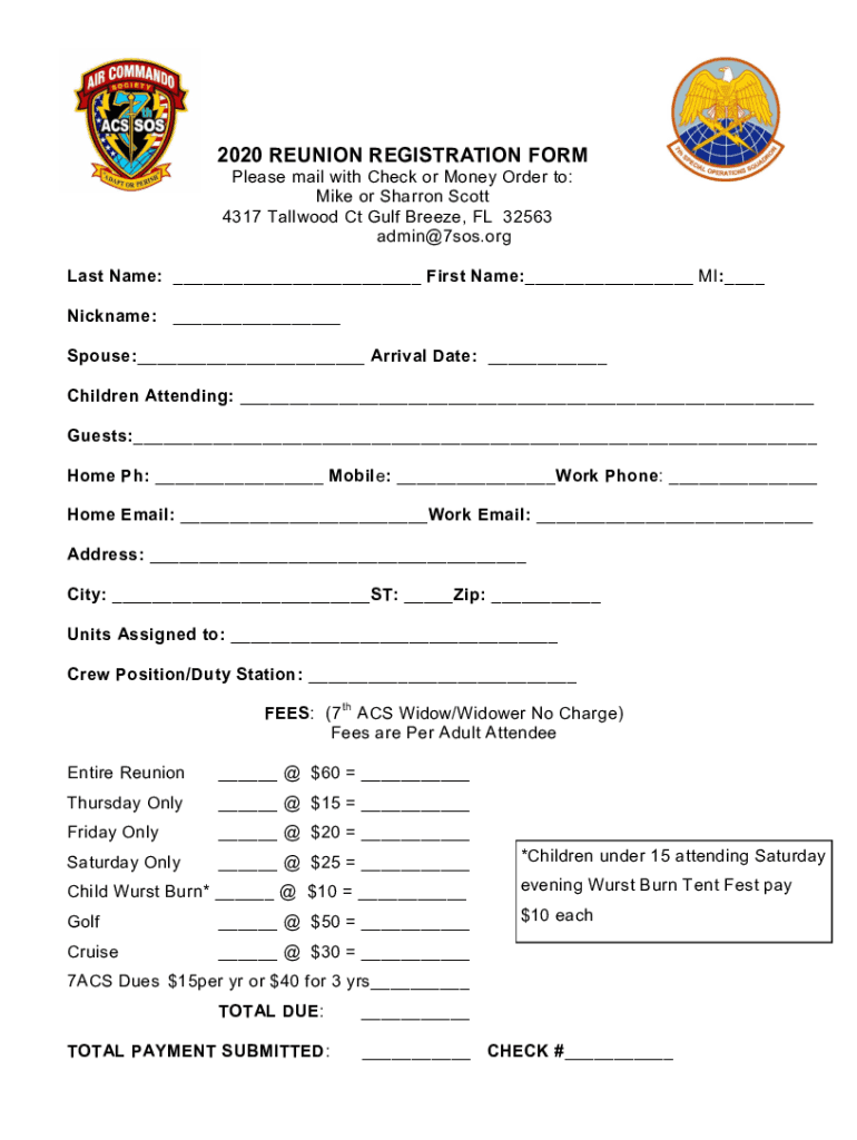 Fillable Online 2020 REUNION REGISTRATION FORM - 7thsos.org Fax Email Print - pdfFiller