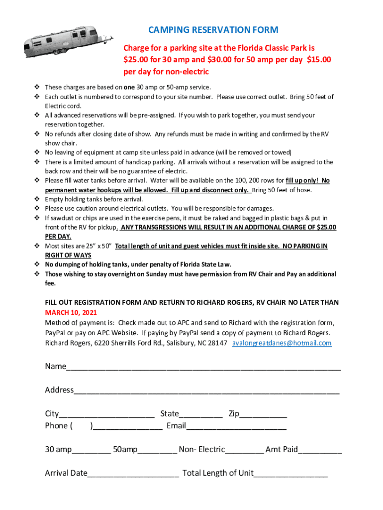 Fillable Online CAMPING RESERVATION FORM - American Pointer Club Fax Email Print - pdfFiller