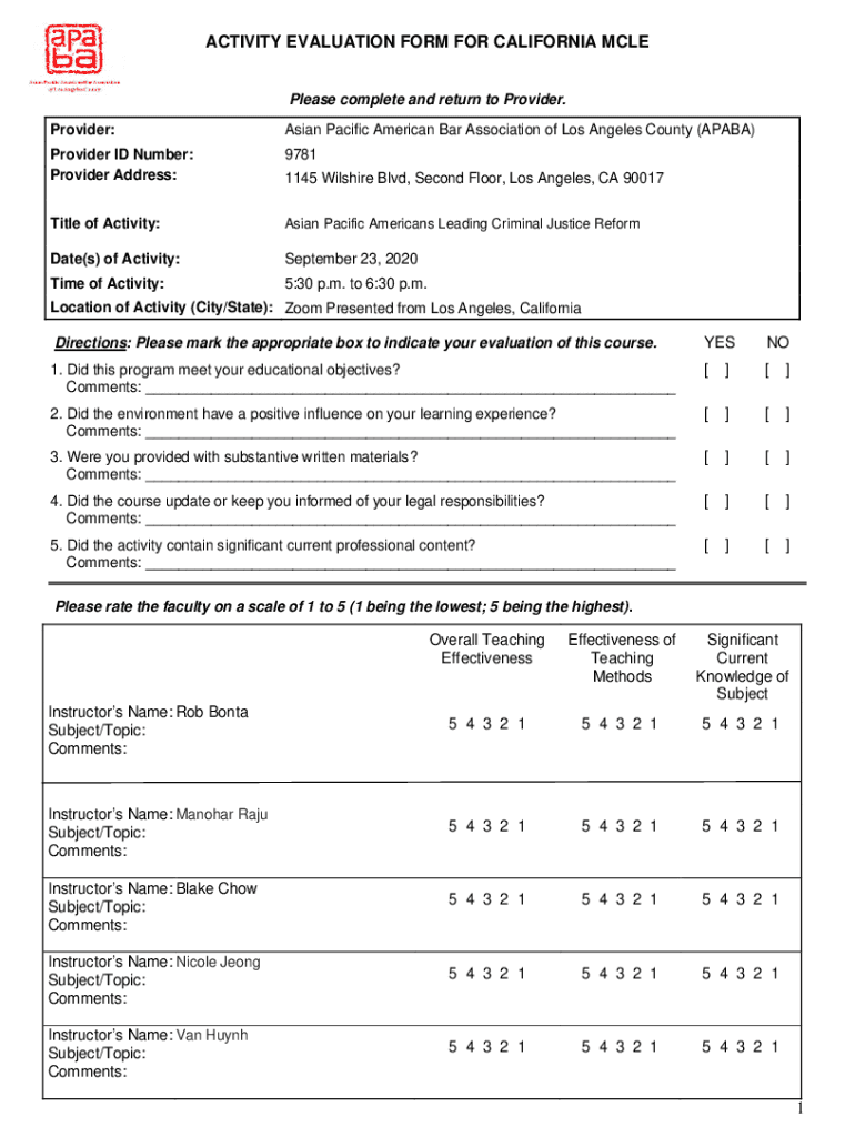 Fillable Online APABA MCLE - Evaluation Form - APAs Leading Criminal ...