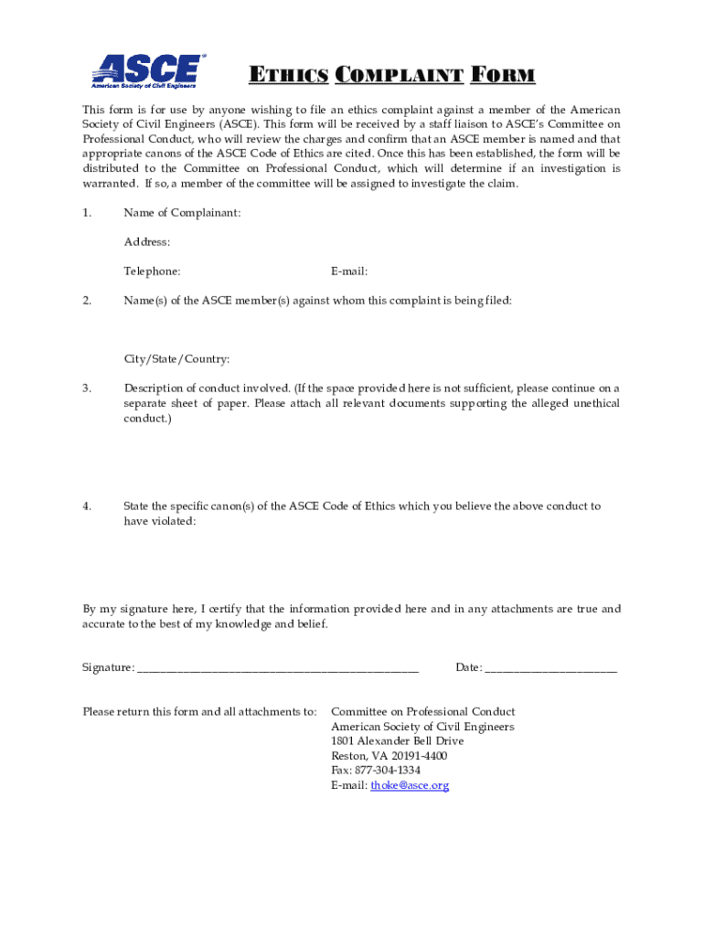 Fillable Online Ethics Complaint Form - American Society of Civil ...
