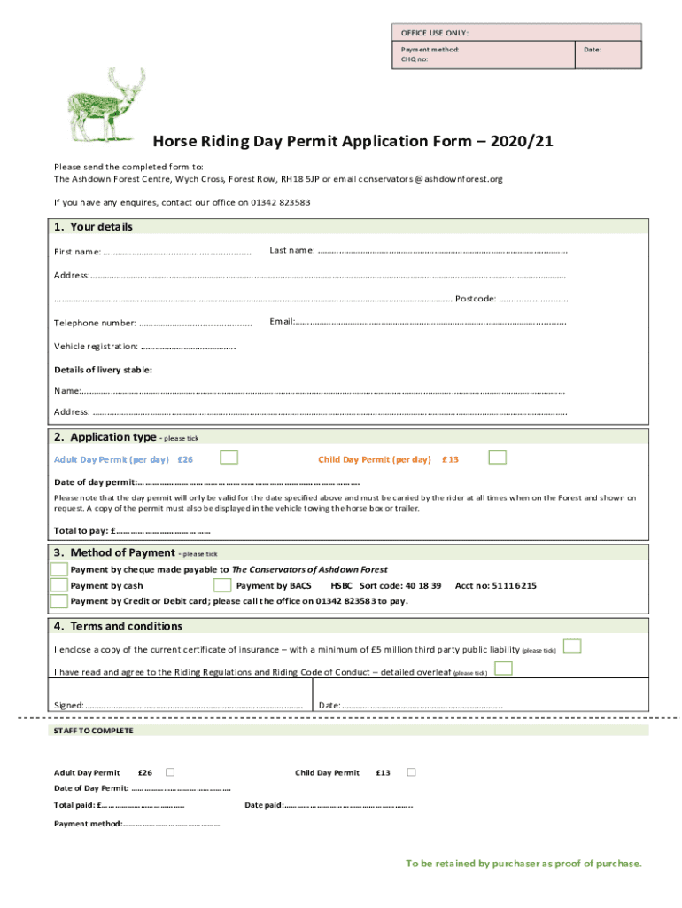 Fillable Online Horse Riding Day Permit Application Form 2020/21 ...
