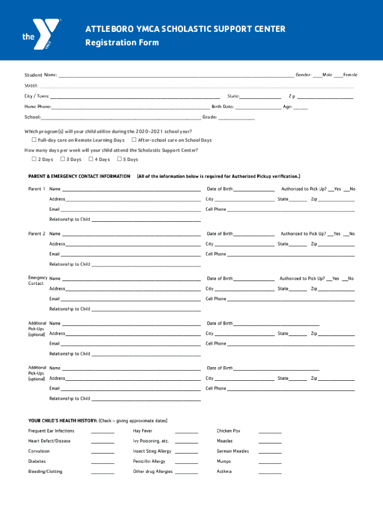 Fillable Online ATTLEBORO YMCA SCHOLASTIC SUPPORT CENTER Registration Form Fax Email Print ...