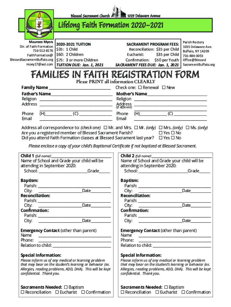 Fillable Online revised 2020-2021 Faith Formation Registration Form Fax ...