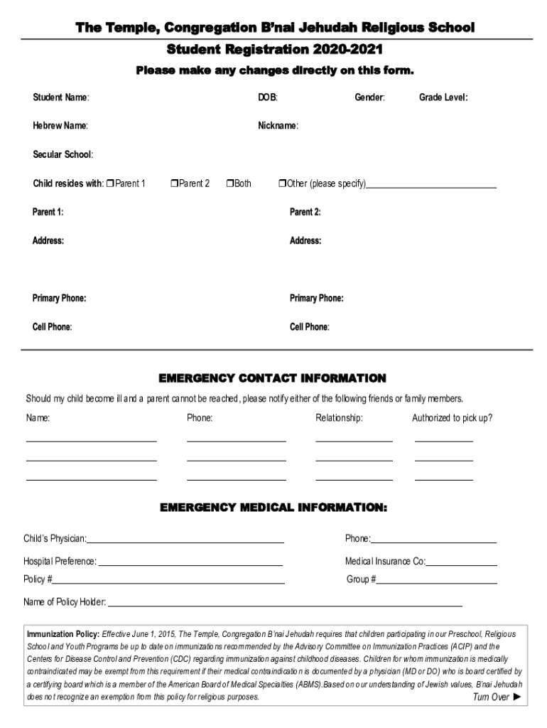 Fillable Online The Temple Religious School RegistrationThe Temple ...