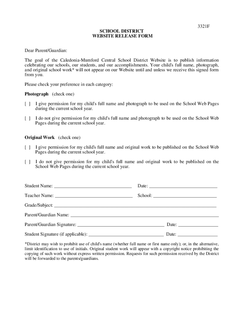 Fillable Online Regulation #3321F - Website Release Form.doc. Parent/Guardian Permission to Use ...