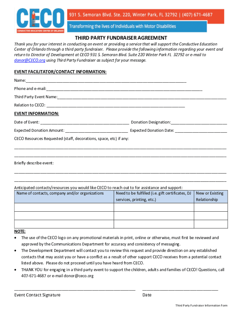 Fillable Online THIRD PARTY FUNDRAISER AGREEMENT Fax Email Print ...