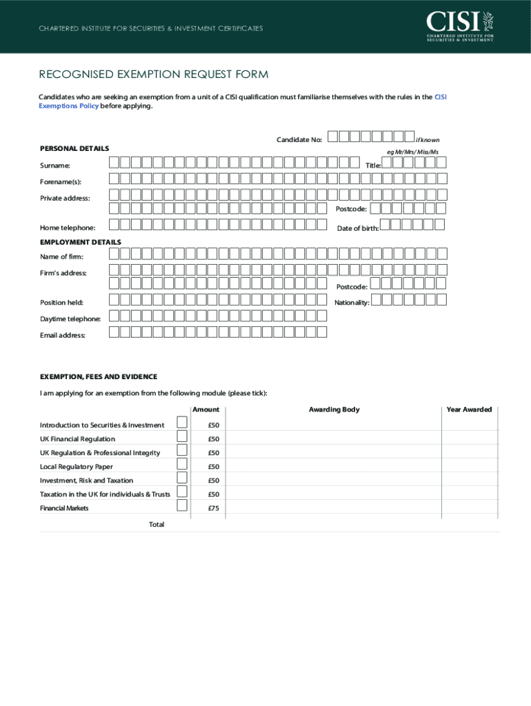 Fillable Online RECOGNISED EXEMPTION REQUEST FORM - CISI Fax Email ...