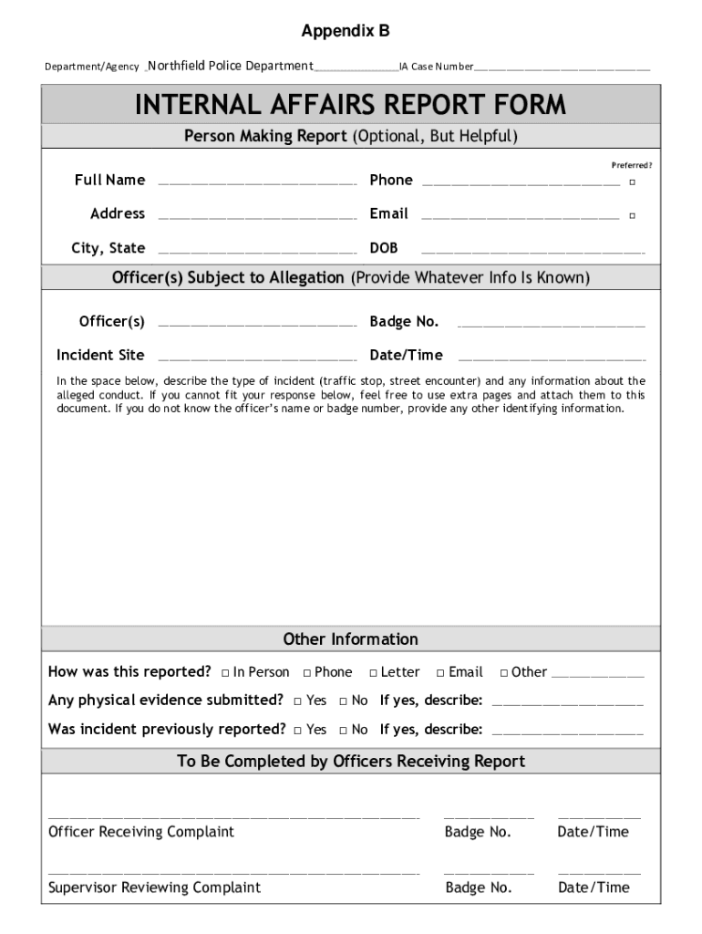Fillable Online Belmar Police Department INTERNAL AFFAIRS REPORT FORM ...