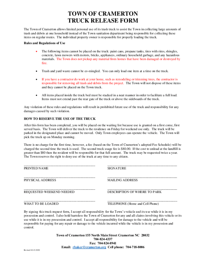 Fillable Online TRUCK RELEASE FORM Fax Email Print - pdfFiller