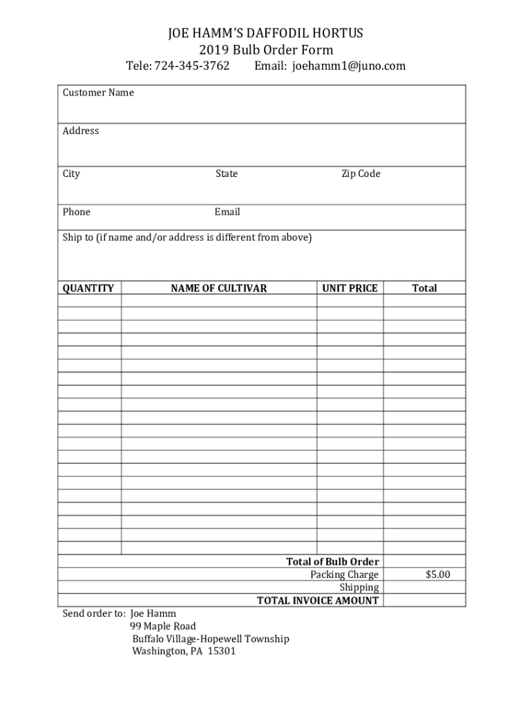 Fillable Online JOE HAMMS DAFFODIL HORTUS 2019 Bulb Order Form Tele ...