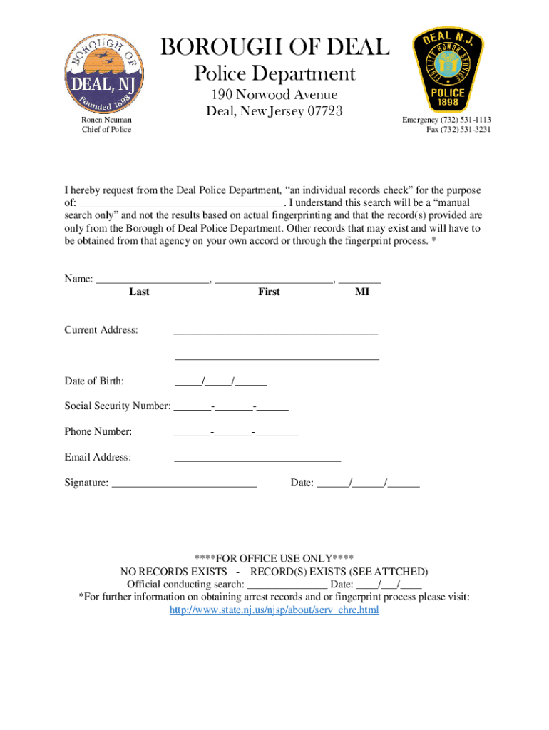 Fillable Online Deal Borough Police Department 190 Norwood Ave, Deal ...