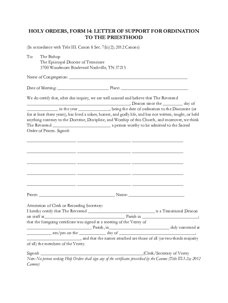 Fillable Online HOLY ORDERS, FORM 14: LETTER OF SUPPORT FOR ORDINATION ...