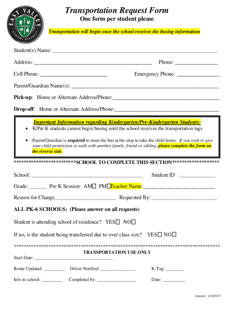 Fillable Online Transportation Request Form - East Valley School ...