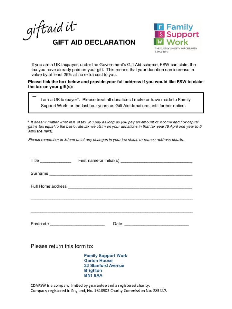 Fillable Online Gift Aid declaration formCoram Fax Email Print - pdfFiller