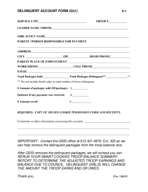 Fillable Online DELINQUENT ACCOUNT FORM (Girl) Fax Email Print - pdfFiller
