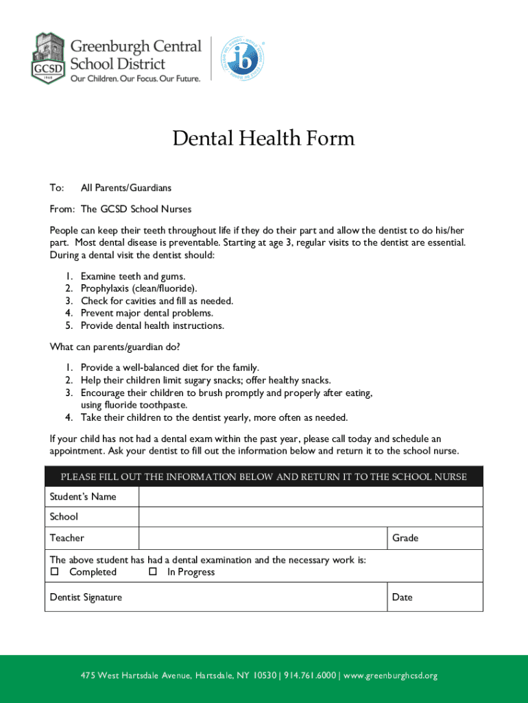Fillable Online GCSD Dental Health Form - Greenburgh Central School ...