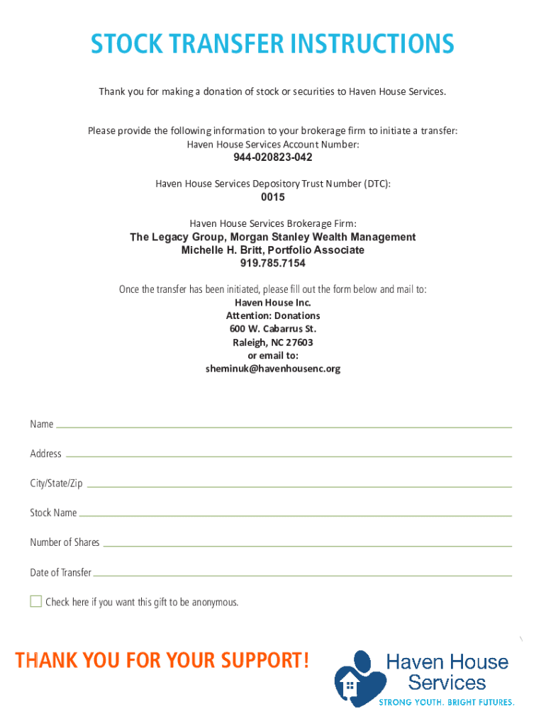Fillable Online STOCK TRANSFER INSTRUCTIONS - Haven House Services Fax ...