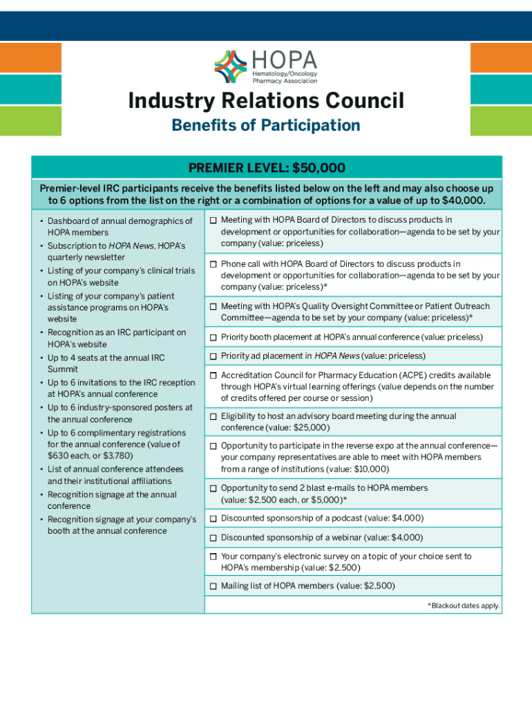 Fillable Online Industry Relations Council - HOPA Fax Email Print ...