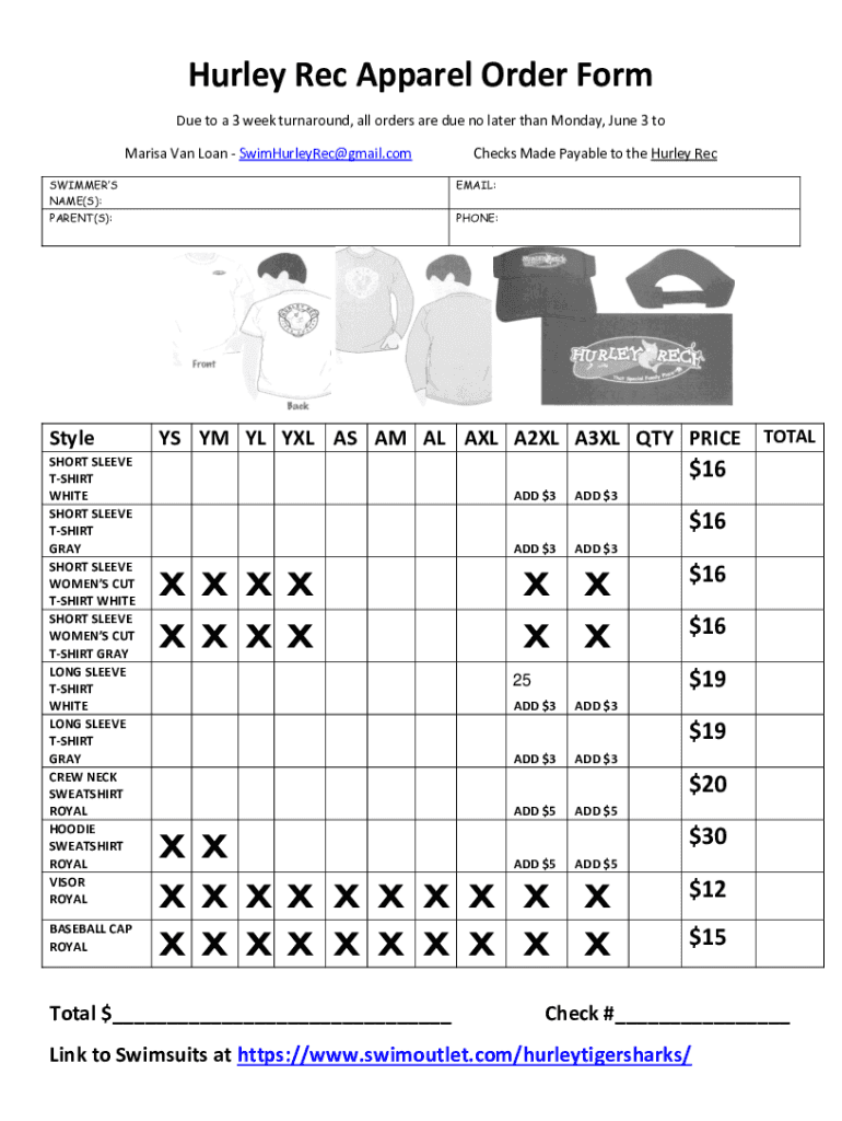 Fillable Online Hurley Rec Apparel Order Form Fax Email Print - pdfFiller