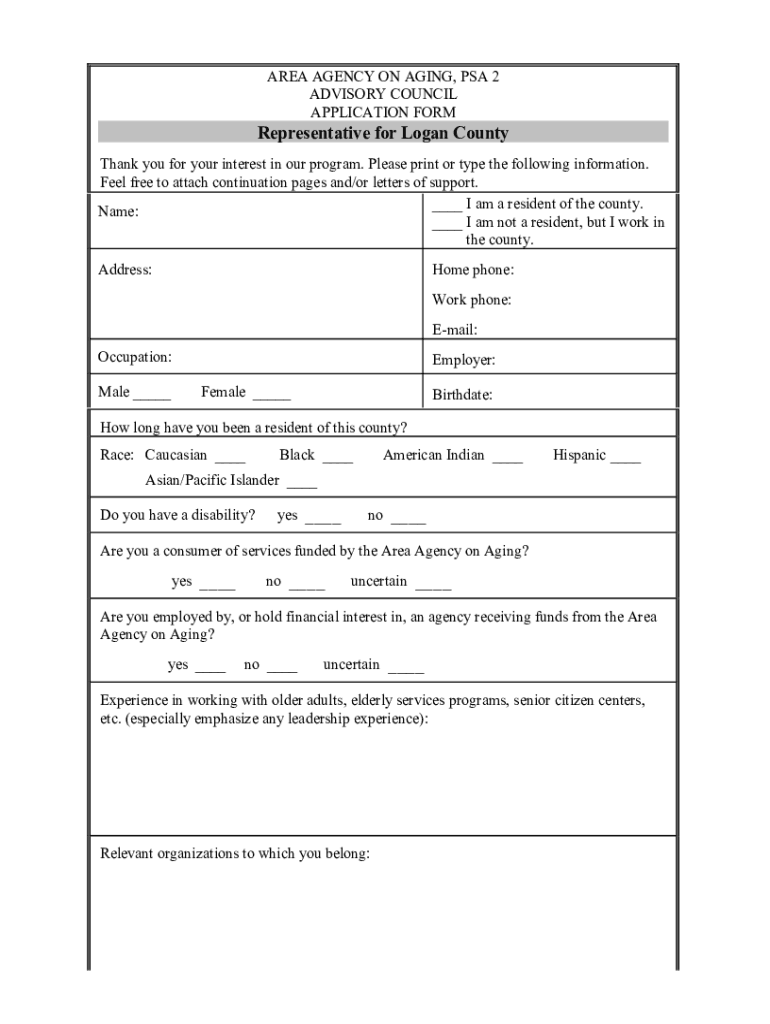 Fillable Online AREA AGENCY ON AGING, PSA 2 ADVISORY COUNCIL ...