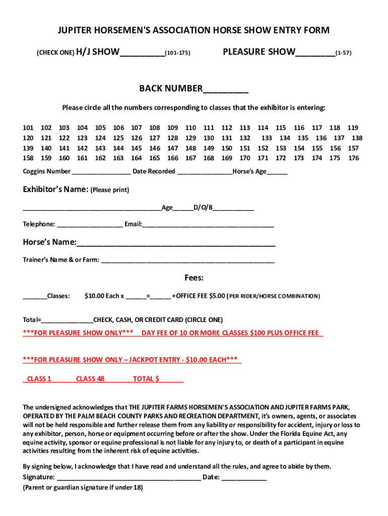 Fillable Online JUPITER HORSEMEN'S ASSOCIATION HORSE SHOW ENTRY FORM ...