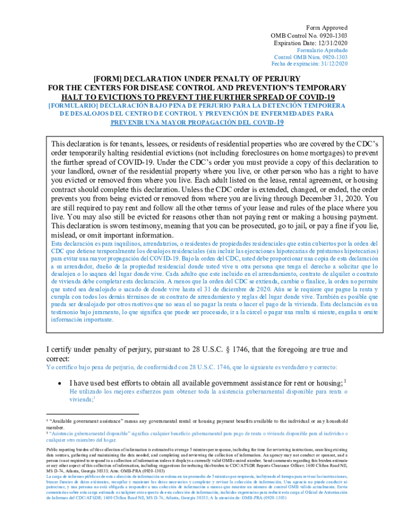 CDC Eviction Declaration Form - Blank Fillable Template | Fill Out ...