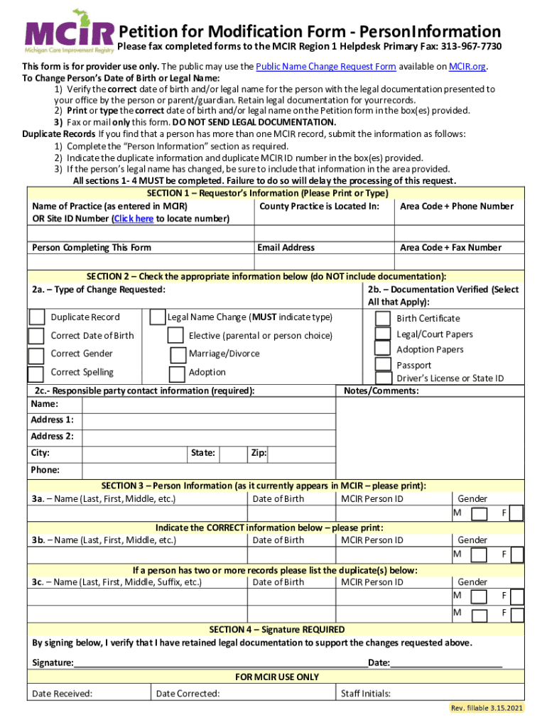 Fillable Online Petition for Modification Form - Person Information ...