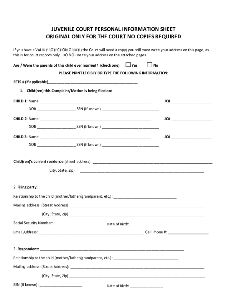 Fillable Online JUVENILE COURT PERSONAL INFORMATION SHEET ORIGINAL ONLY ...