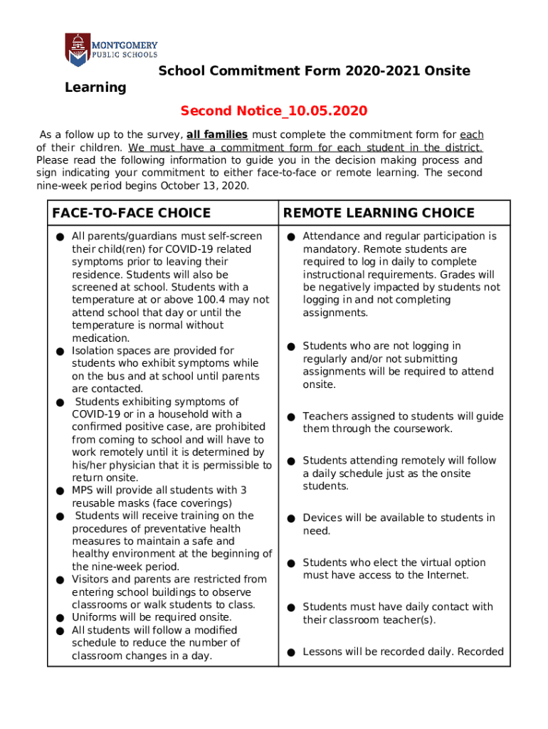 School Commitment 2020-2021 Onsite Learning Doc Template | pdfFiller