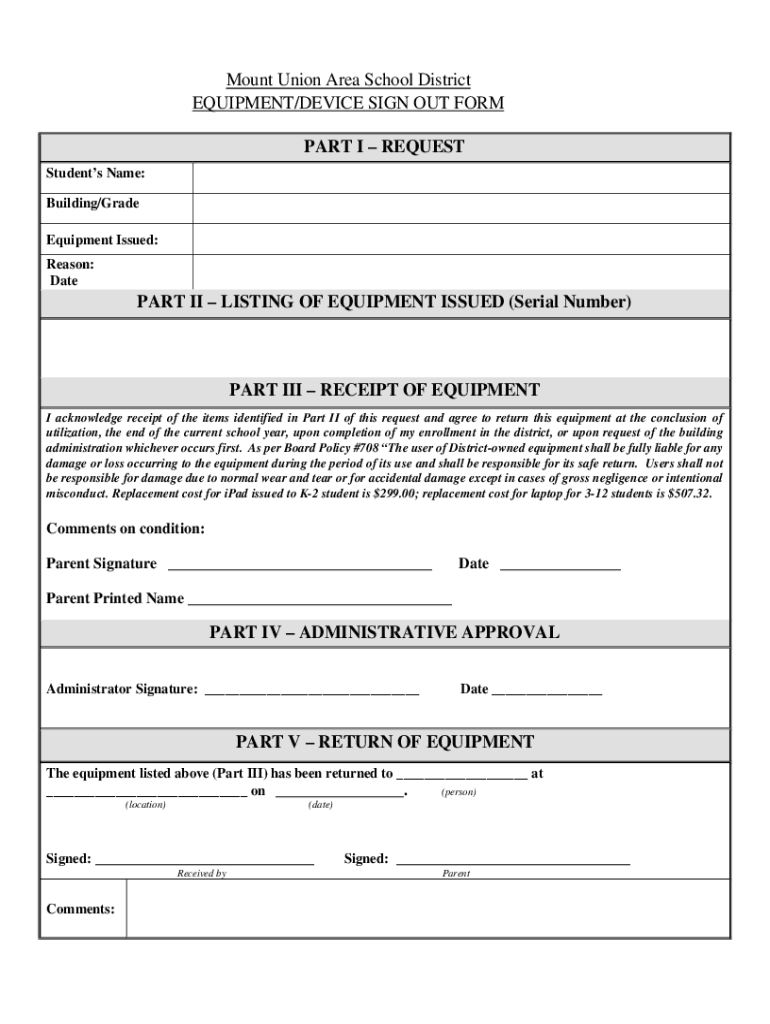 Fillable Online Equipment Sign Out Form - Mount Union Area School ...